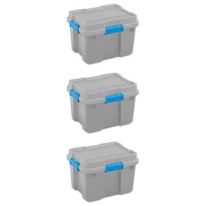 Sterilite 18336A03 30 Gallon Heavy Duty Plastic Storage Container Box with Lid and Latches, Grey/Blue (3 Pack)