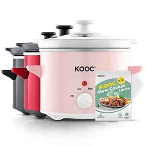 kooc small slow cooker, 2-quart, free liners included for easy clean-up, upgraded ceramic pot, adjustable temp, nutrient loss reduction, stainless steel, pink, round