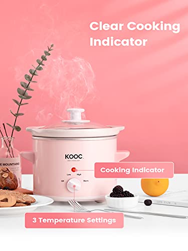 KOOC Small Slow Cooker, 2-Quart, Free Liners Included for Easy Clean-up, Upgraded Ceramic pot, Adjustable Temp, Nutrient Loss Reduction, Stainless Steel, Pink, Round