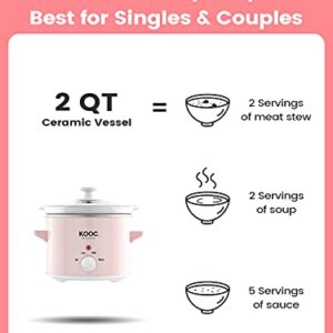 KOOC Small Slow Cooker, 2-Quart, Free Liners Included for Easy Clean-up, Upgraded Ceramic pot, Adjustable Temp, Nutrient Loss Reduction, Stainless Steel, Pink, Round