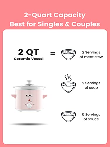 KOOC Small Slow Cooker, 2-Quart, Free Liners Included for Easy Clean-up, Upgraded Ceramic pot, Adjustable Temp, Nutrient Loss Reduction, Stainless Steel, Pink, Round