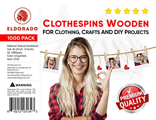 Eldorado Clothespins, Natural Wood, 3" x 0.5" inches, Super Value Pack of 1,000 for Multipurpose Everyday Clothing, Laundry, Drying, Crafts, and DIY Projects, Size XL. (1000)