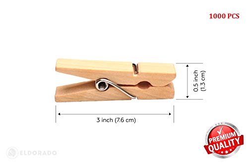 Eldorado Clothespins, Natural Wood, 3" x 0.5" inches, Super Value Pack of 1,000 for Multipurpose Everyday Clothing, Laundry, Drying, Crafts, and DIY Projects, Size XL. (1000)