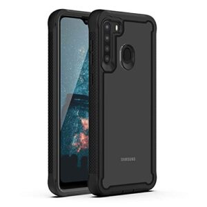 tjs compatible with samsung galaxy a21 case, dual layer heavy duty shockproof rugged hybrid hard phone case drop protector back cover (black)