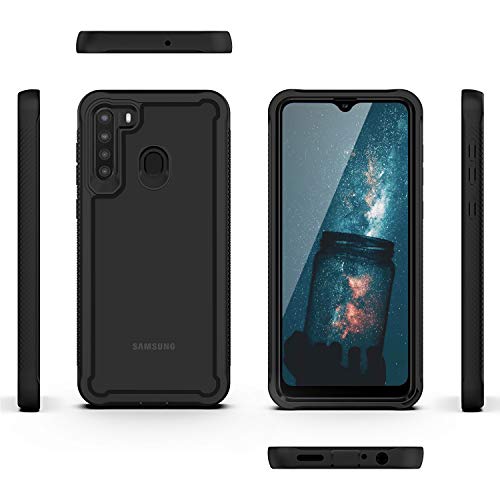 TJS Compatible with Samsung Galaxy A21 Case, Dual Layer Heavy Duty Shockproof Rugged Hybrid Hard Phone Case Drop Protector Back Cover (Black)