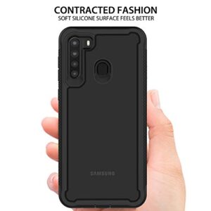 TJS Compatible with Samsung Galaxy A21 Case, Dual Layer Heavy Duty Shockproof Rugged Hybrid Hard Phone Case Drop Protector Back Cover (Black)