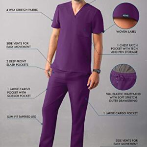 Adar Addition Go-Basic Scrub Set for Men - Classic V-Neck Scrub Top & Cargo Scrub Pants - A9300 - Eggplant - M