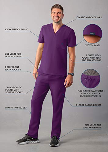 Adar Addition Go-Basic Scrub Set for Men - Classic V-Neck Scrub Top & Cargo Scrub Pants - A9300 - Eggplant - M