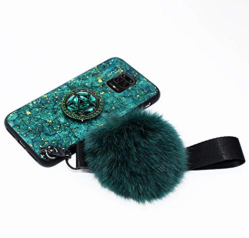 Case for Xiaomi Redmi Note 9 Pro Case Marble,Girls Women Glitter Rhinestone Diamond Bling Hybrid Hard PC Soft Rubber Silicone Cover Bumper Shockproof Protective Case & Furry Ball Ring Kickstand,Green