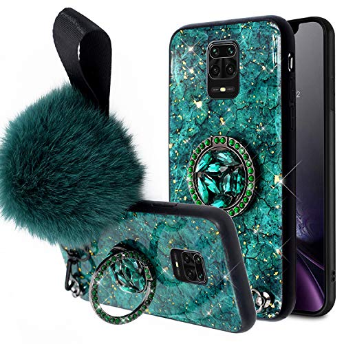 Case for Xiaomi Redmi Note 9 Pro Case Marble,Girls Women Glitter Rhinestone Diamond Bling Hybrid Hard PC Soft Rubber Silicone Cover Bumper Shockproof Protective Case & Furry Ball Ring Kickstand,Green