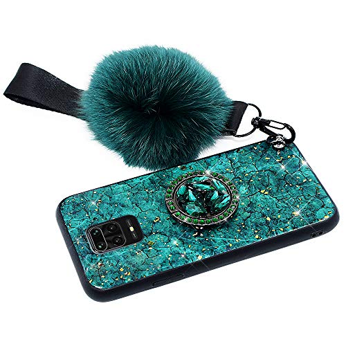 Case for Xiaomi Redmi Note 9 Pro Case Marble,Girls Women Glitter Rhinestone Diamond Bling Hybrid Hard PC Soft Rubber Silicone Cover Bumper Shockproof Protective Case & Furry Ball Ring Kickstand,Green