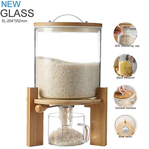 Flour and Cereal Container, Rice Dispenser 5L/8L, Creative Glass Food Storge Container for Kitchen Organization and Pantry Store, Airtight Lid and Wooden Stand5L