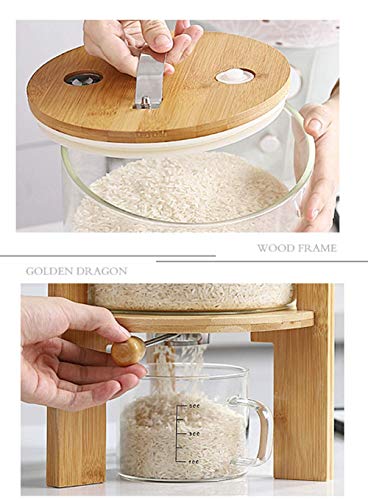 Flour and Cereal Container, Rice Dispenser 5L/8L, Creative Glass Food Storge Container for Kitchen Organization and Pantry Store, Airtight Lid and Wooden Stand5L