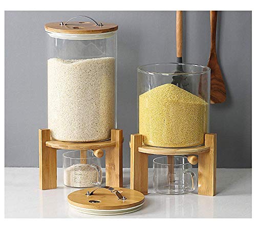 Flour and Cereal Container, Rice Dispenser 5L/8L, Creative Glass Food Storge Container for Kitchen Organization and Pantry Store, Airtight Lid and Wooden Stand5L