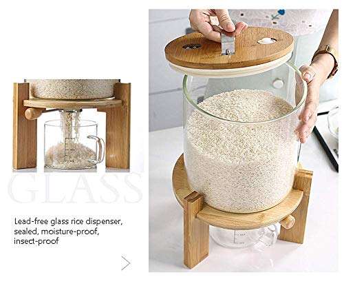 Flour and Cereal Container, Rice Dispenser 5L/8L, Creative Glass Food Storge Container for Kitchen Organization and Pantry Store, Airtight Lid and Wooden Stand5L