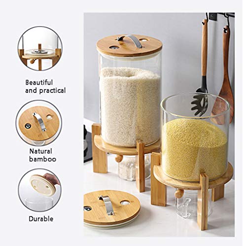 Flour and Cereal Container, Rice Dispenser 5L/8L, Creative Glass Food Storge Container for Kitchen Organization and Pantry Store, Airtight Lid and Wooden Stand5L