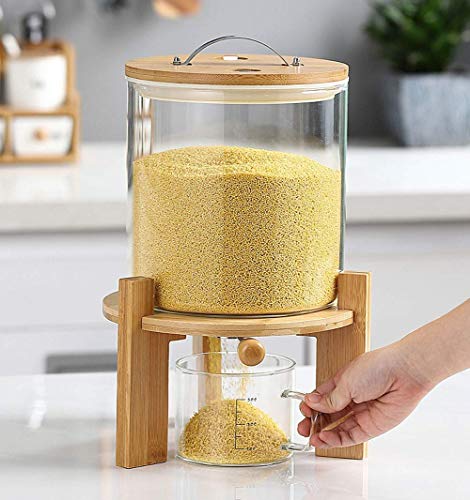 Flour and Cereal Container, Rice Dispenser 5L/8L, Creative Glass Food Storge Container for Kitchen Organization and Pantry Store, Airtight Lid and Wooden Stand5L