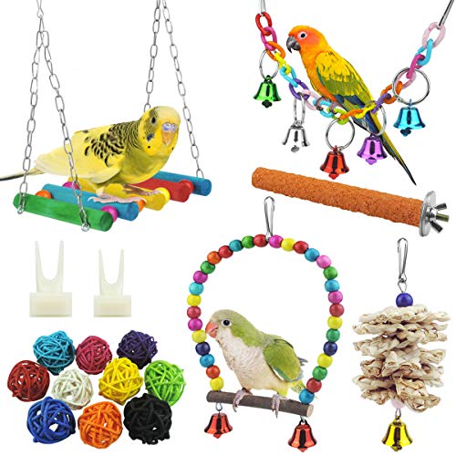 WBYJ 17 Pack Birds Parrot Toys, Parrots Swing Hanging Chewing with Bells Toys Hand Made Bird Cage Toys for Love Birds Finches Small Parrots Parakeets Cockatiels Conures Small Macaws (A)