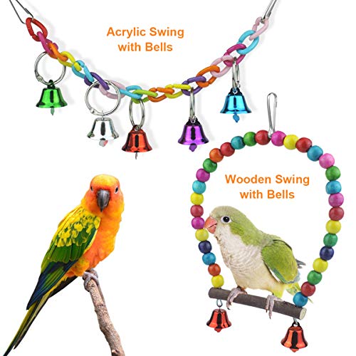 WBYJ 17 Pack Birds Parrot Toys, Parrots Swing Hanging Chewing with Bells Toys Hand Made Bird Cage Toys for Love Birds Finches Small Parrots Parakeets Cockatiels Conures Small Macaws (A)