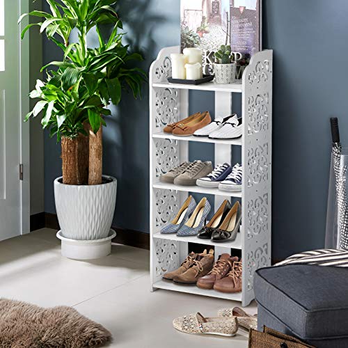 Shoe Rack, 5 Tier Modern White Small Shoe Holder Storage Organizer Free Standing Wooden Shoe Display Shelf for Home Hallway Entryway Bedroom Closet