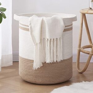 oiahomy laundry basket- rope basket large storage basket with handles,modern decorative woven basket for living room,storage baskets for toys, throws, pillows,and towels -18"×16"-white&yellow