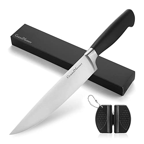 GrandMesser Chef Knife, 8 inch Kitchen Knife, Carbon Stainless Steel Cooking Knife with Ergonomic Handle and Sharpener, Chopping Knife for Professional Use