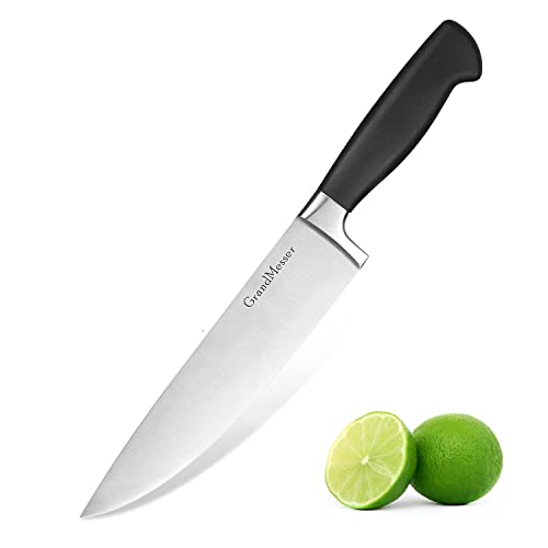 GrandMesser Chef Knife, 8 inch Kitchen Knife, Carbon Stainless Steel Cooking Knife with Ergonomic Handle and Sharpener, Chopping Knife for Professional Use