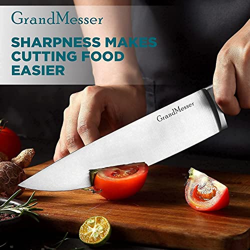 GrandMesser Chef Knife, 8 inch Kitchen Knife, Carbon Stainless Steel Cooking Knife with Ergonomic Handle and Sharpener, Chopping Knife for Professional Use