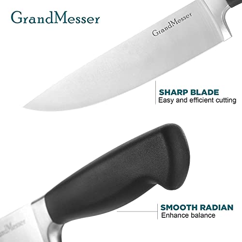 GrandMesser Chef Knife, 8 inch Kitchen Knife, Carbon Stainless Steel Cooking Knife with Ergonomic Handle and Sharpener, Chopping Knife for Professional Use