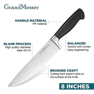 GrandMesser Chef Knife, 8 inch Kitchen Knife, Carbon Stainless Steel Cooking Knife with Ergonomic Handle and Sharpener, Chopping Knife for Professional Use