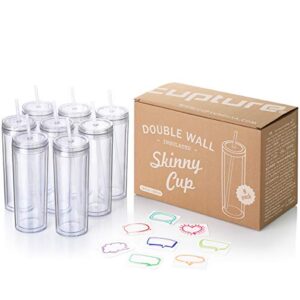 cupture skinny acrylic tumbler cups with straws - 18 oz, 8 pack (clear)