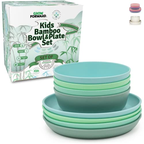 Grow Forward Bamboo Kids Plates and Bowls Set - 4 Bamboo Plates for Kids and 4 Bamboo Bowls for Kids - BPA Free & Dishwasher Safe - Eco Friendly Reusable Biodegradable Childrens Dishes - Rainforest