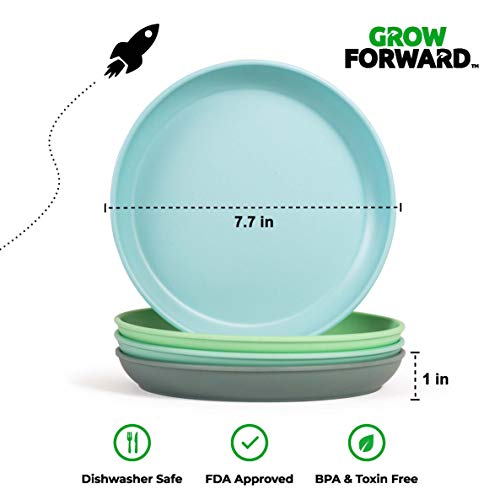 Grow Forward Bamboo Kids Plates and Bowls Set - 4 Bamboo Plates for Kids and 4 Bamboo Bowls for Kids - BPA Free & Dishwasher Safe - Eco Friendly Reusable Biodegradable Childrens Dishes - Rainforest