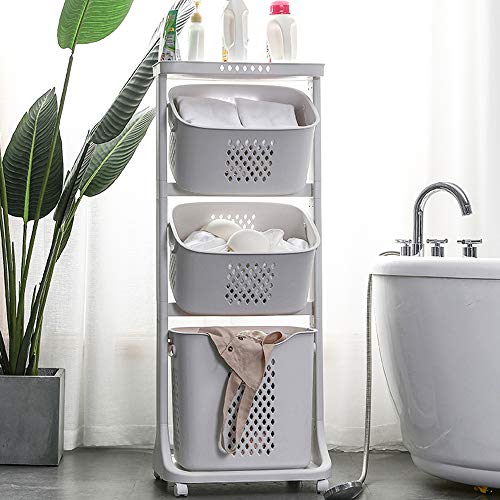 Manskskim Bathroom Laundry Basket 3 layer Clothes Storage Basket Household Kitchen Shelf Fruit Stand Bathroom Simple Storage Shelf With Wheels