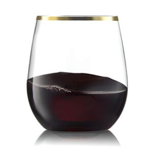 32 pack stemless plastic wine glasses disposable 12 oz gold rim - shatterproof recyclable and bpa-free, stylish drinkware for all beverages, cocktail parties, wedding reception and catered events