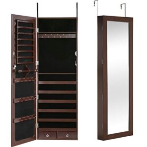 fdw jewelry cabinet 47.3" h wall/door mounted lockable jewelry armoire with 2 drawers 6 shelves 43.3"×10.6" mirror high capacity jewelry organizer, brown