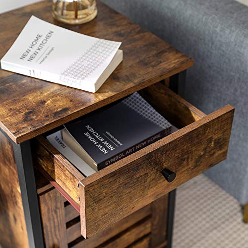 VASAGLE Nightstand, Side Table with Drawer, Shutter Door, End Table with Adjustable Shelf, Metal Frame, Industrial Style, Rustic Brown and Black ULET063B01