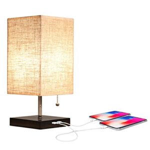 USB Bedside Table Lamp, Siljoy Minimalist Nightstand Lamp Small Lamp Modern Desk Lamp with 2 Double USB Fast Charging Port and Square Fabric Linen Lamp Shade, for Bedrooms Study Living Room, M