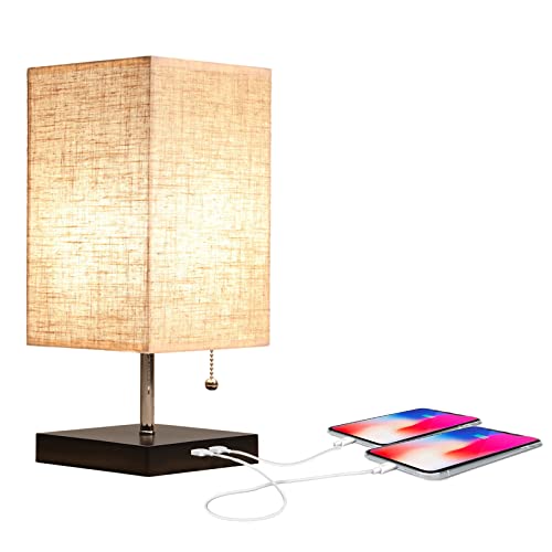 USB Bedside Table Lamp, Siljoy Minimalist Nightstand Lamp Small Lamp Modern Desk Lamp with 2 Double USB Fast Charging Port and Square Fabric Linen Lamp Shade, for Bedrooms Study Living Room, M