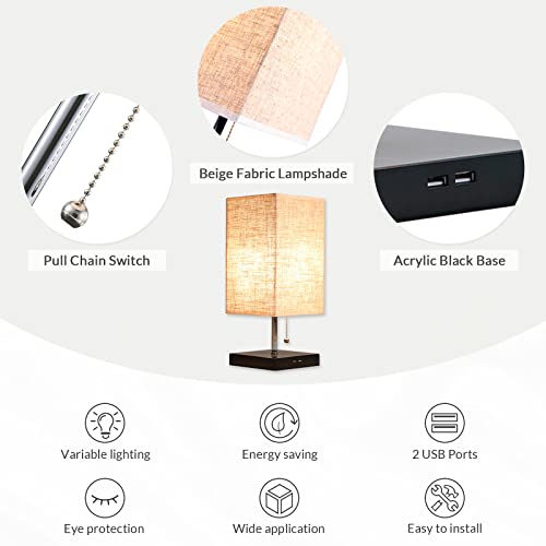 USB Bedside Table Lamp, Siljoy Minimalist Nightstand Lamp Small Lamp Modern Desk Lamp with 2 Double USB Fast Charging Port and Square Fabric Linen Lamp Shade, for Bedrooms Study Living Room, M