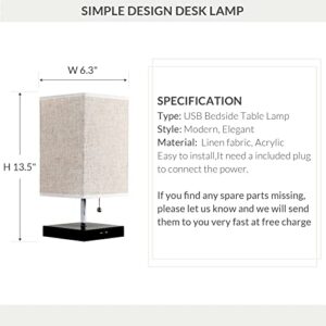 USB Bedside Table Lamp, Siljoy Minimalist Nightstand Lamp Small Lamp Modern Desk Lamp with 2 Double USB Fast Charging Port and Square Fabric Linen Lamp Shade, for Bedrooms Study Living Room, M