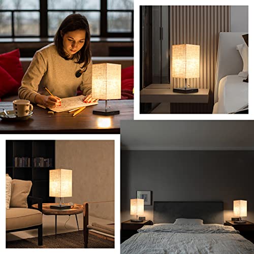 USB Bedside Table Lamp, Siljoy Minimalist Nightstand Lamp Small Lamp Modern Desk Lamp with 2 Double USB Fast Charging Port and Square Fabric Linen Lamp Shade, for Bedrooms Study Living Room, M