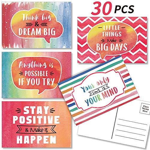 30 Pcs Watercolor Motivational Postcard Teacher for Students, Inspirational Postcards for Kids, Positive Encouragement Themed Blank Quote Cards, Note Postcard for Classroom School