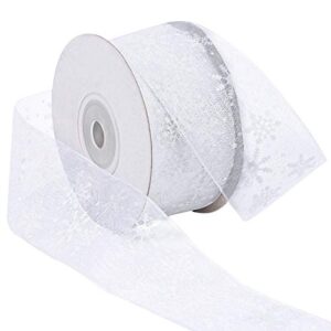 livder 1.6 inch wide christmas snowflake sheer organza ribbon for xmas gift wrapping, tree, wreath, party decoration, 25 yards (white)