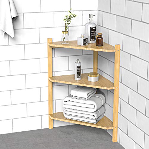 Wisuce 3 Tier Corner Shelf, 100% Real Bamboo Shower Corner Shelves Free Standing Shelf Storage Organizer for Bathroom Living Room Kitchen