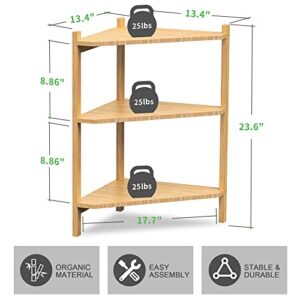 Wisuce 3 Tier Corner Shelf, 100% Real Bamboo Shower Corner Shelves Free Standing Shelf Storage Organizer for Bathroom Living Room Kitchen