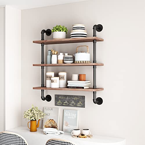 BOSURU Industrial Pipe Shelving Rustic Wood Floating Shelves 3 Tiers Modern Wall Mount Bookshelf(Black,32 inch)