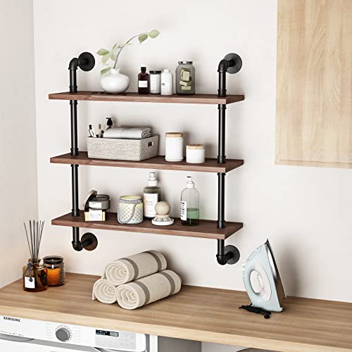 BOSURU Industrial Pipe Shelving Rustic Wood Floating Shelves 3 Tiers Modern Wall Mount Bookshelf(Black,32 inch)