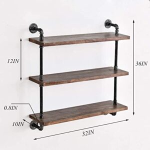 BOSURU Industrial Pipe Shelving Rustic Wood Floating Shelves 3 Tiers Modern Wall Mount Bookshelf(Black,32 inch)