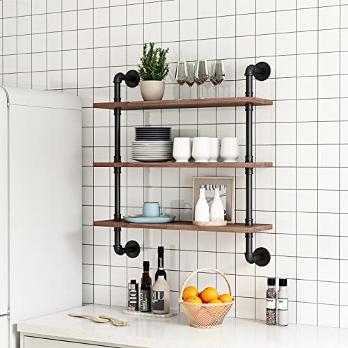 BOSURU Industrial Pipe Shelving Rustic Wood Floating Shelves 3 Tiers Modern Wall Mount Bookshelf(Black,32 inch)